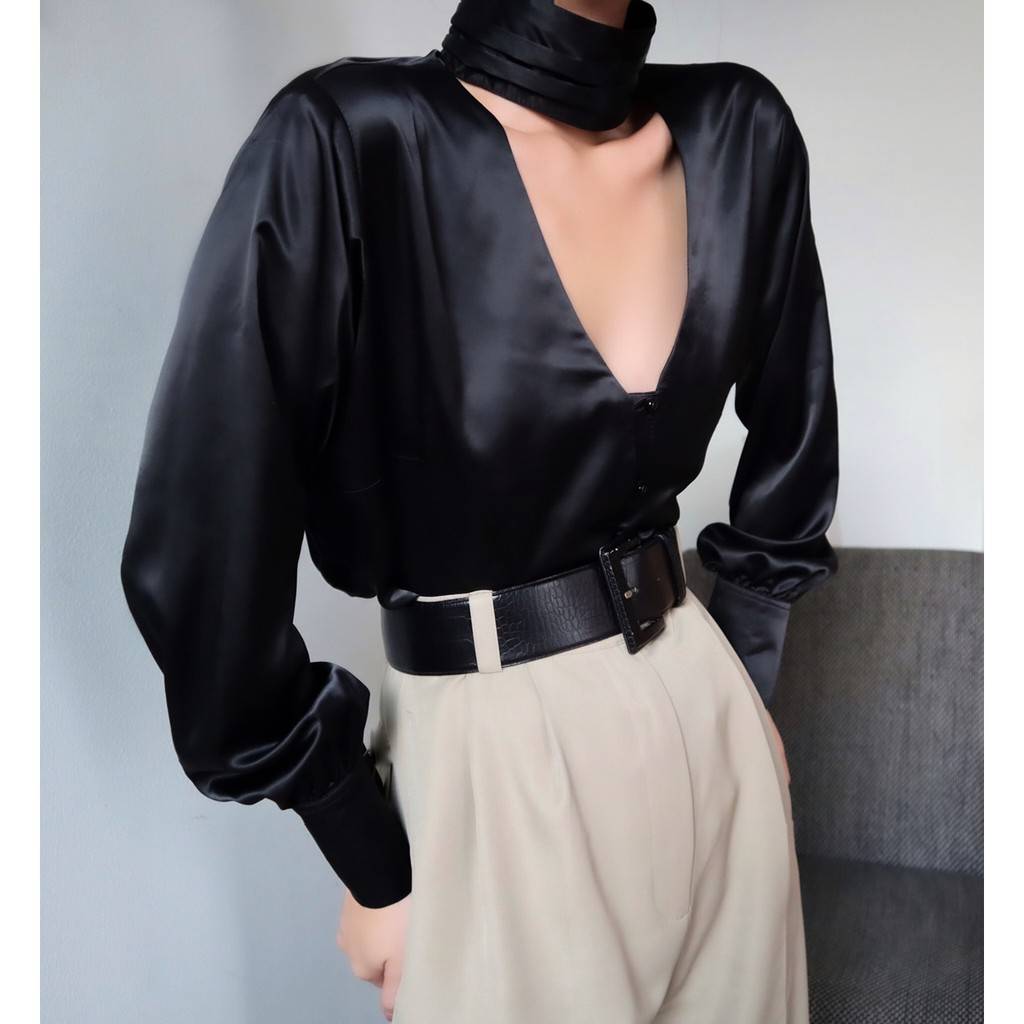 Deep Cut Turtle Neck Black Satin Blouse - Timikishop